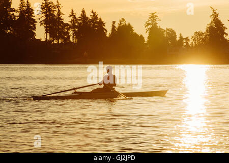 A man sculling in a single scull rowing boat, on the water. Overhead ...