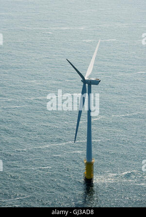 The Netherlands, IJmuiden, Aerial view of wind turbines park called ...