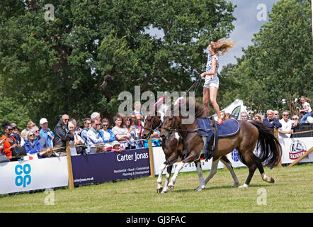 Crowds watch girl straddling backs of two galloping horses Galloping ...
