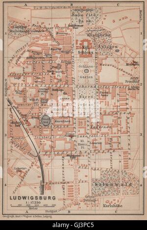 LUDWIGSBURG town city stadtplan. Baden-Württemberg. Schloss karte, 1914 ...