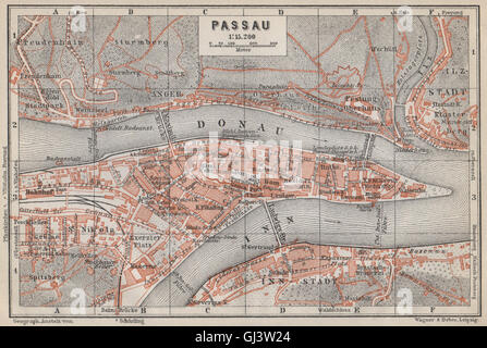 PASSAU town city plan stadtplan. Inn Donau/Danube. Germany Deutschland ...