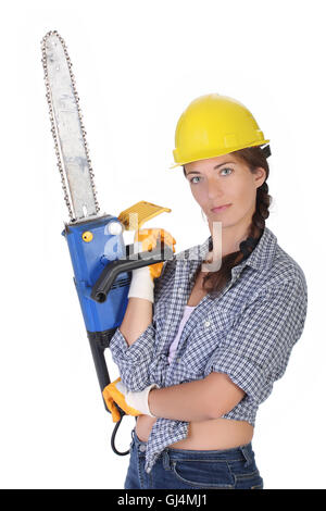 Beauty woman with chainsaw Stock Photo - Alamy