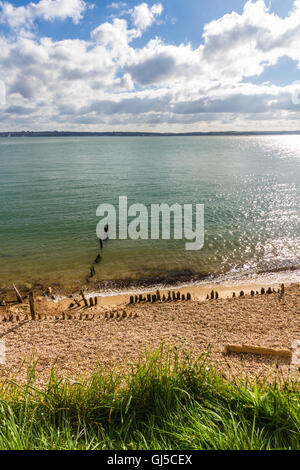 The beach at Lepe country park at low tide looking across to the Isle ...