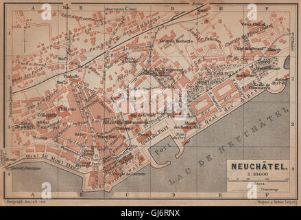 NEUCHÂTEL. Vintage town city map plan. Switzerland 1930 old vintage ...