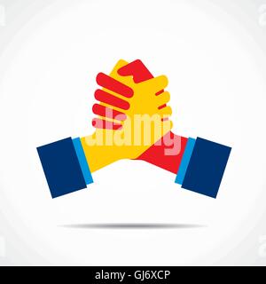 Abstract red and blue handshake icon. Handshake sign inside in the ...
