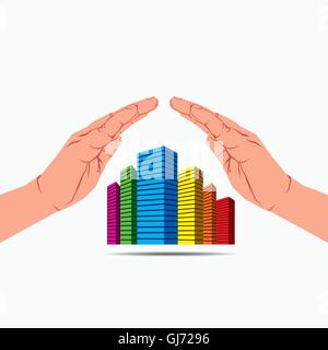 Hand holding up house icon, color, line, outline vector sign, linear ...