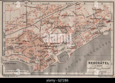 NEUCHÂTEL. Vintage town city map plan. Switzerland 1930 old vintage ...