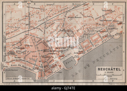 NEUCHÂTEL. Vintage town city map plan. Switzerland 1930 old vintage ...