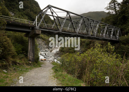An one-lane-bridge crosses the Haast River at the Gates of Haast as a ...