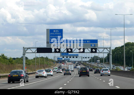 Heavy traffic on the M1 southbound motorway in England near London at ...