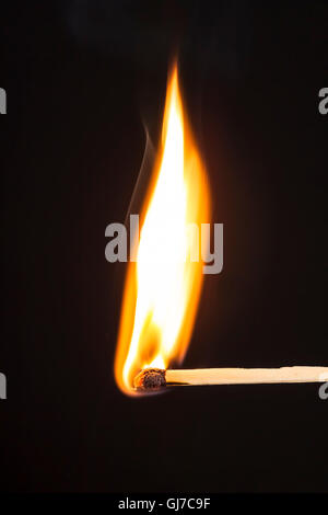 Match bursting into flame with smoke against black background. Copy ...