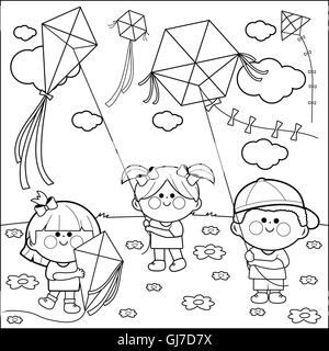 Spring Boy Flying a Kite Coloring Page for Kids Stock Vector Image ...