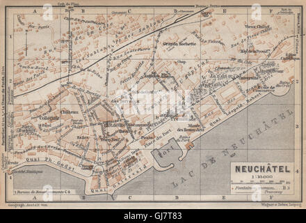 NEUCHÂTEL. Vintage town city map plan. Switzerland 1930 old vintage ...