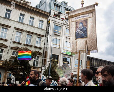 Prague, Czech Republic. 13th Aug, 2016. Participants walk in costume during Prague Gay Pride ...