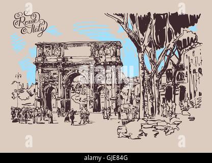 original sketch hand drawing of Rome Italy famous cityscape, tra Stock ...