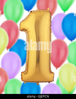 Gold foil Balloon number one isolated on black background. Gold foil ...