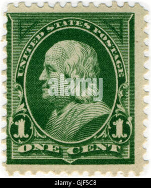 The 1898 1c Franklin stamp, issued by the United States, features an ...