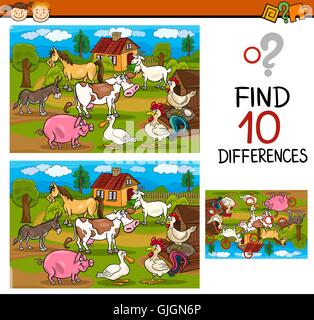 differences game with cartoon farm animals coloring page Stock Vector ...