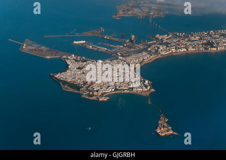 Aerial view with Saint Sebastian Castle, Cadiz, Region of Andalusia ...