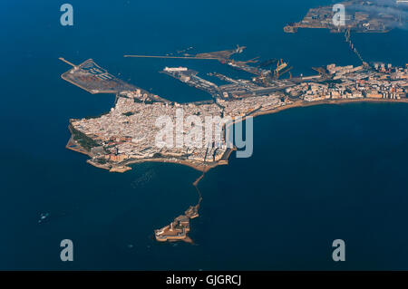 Aerial view with Saint Sebastian Castle, Cadiz, Region of Andalusia ...