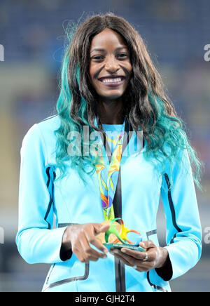 Gold medalist Shaunae Miller of the Bahamas smiles during the medal ...