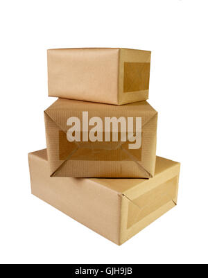 Three packages packed with wrapping paper on a white background Stock ...