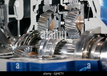 A close-up view of reduction gears for a piston engine, highlighting ...
