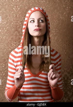 Photo of funky young brunette lady point look wear pink sweater ...