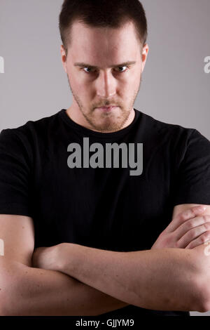 portrait blank european caucasian raving furious angry irately young ...