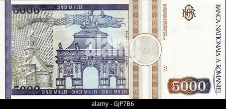 This coin, the 5000 Lei from 1993, features the obverse side with ...