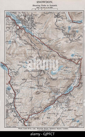 SNOWDON SHOWING PATHS TO SUMMIT. Llanberis. WARD LOCK, 1893 antique map ...