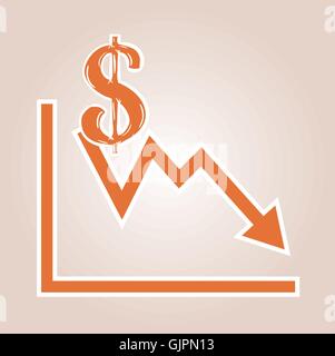 dollar decrease icon. Money symbol with arrow stretching rising drop fall down. Business cost ...