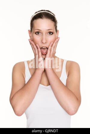 Amazed woman emotions. Beauty woman face portrait in studio. Beautiful ...