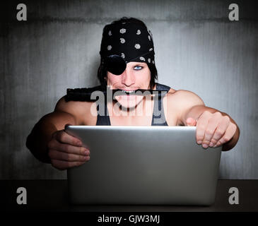 Cute, man pirate with eye patch and old hat with funny faces and ...