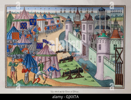 Medieval knights attack illustration. Battle with Johanniter knights. Medieval battlefield and ...