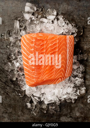 Salmon fish piece. Fresh raw salmon fish piece on marble board stand ...