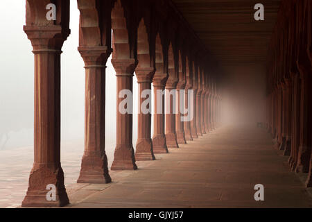 Entrance corridor to the Taj Mahal in the early morning fog - Agra ...