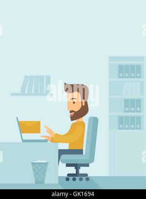 cartoon businessman happy sitting infront of his laptop with the graph ...