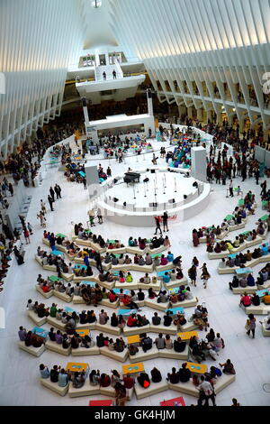 Aerial view crowd of people Westfield Shopping Centre main entrance ...