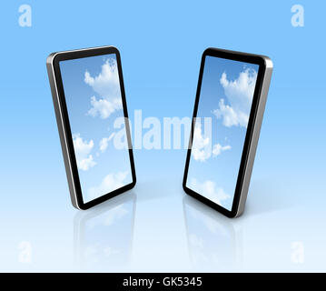two three dimensional connected mobile phones isolated on white with ...