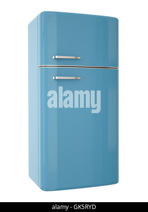 Blue retro fridge refrigerator. 3d rendering image. Isolated white ...