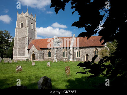 The tower of the church of St Mary, Helmingham, Suffolk, UK; viewed ...