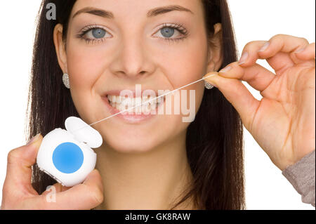 Oral hygiene and health care, smiling women use dental floss white ...