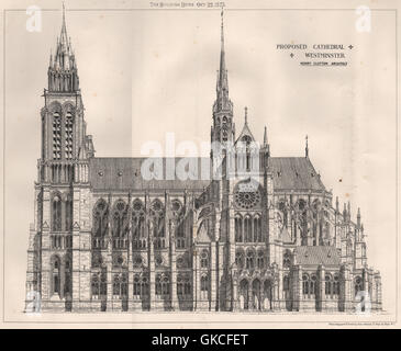 Proposed Cathedral, Westminster; Henry Clutton Architect, antique print ...
