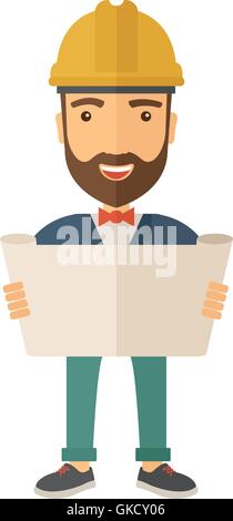 Cartoon illustration of a construction worker reading a blueprint Stock ...