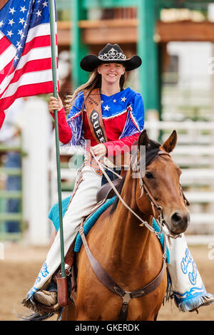 Rodeo Queen on horseback with American Flag; Chaffee County Fair ...
