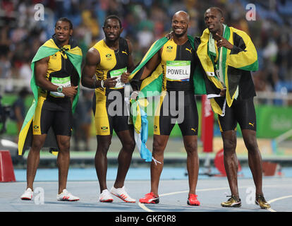 (From left to right) Jamaica's Yohan Blake, Asafa Powell, Nickel Ashmeade and Usain Bolt with ...