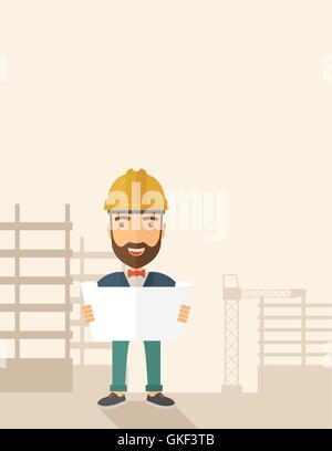 Cartoon illustration of a construction worker reading a blueprint Stock ...
