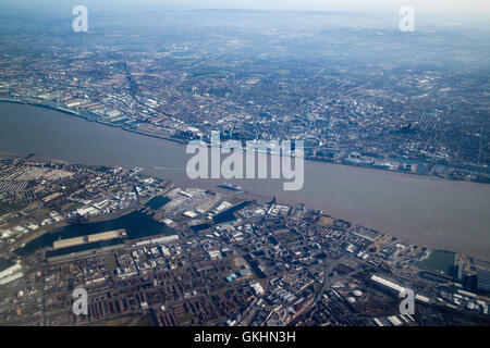 aerial view of Liverpool and the Mersey River Estuary towards ...