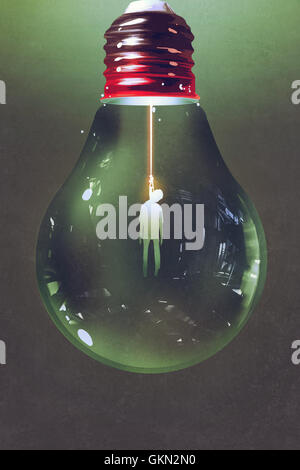 Man Inside glowing Light Bulb standing Out from the Crowd. talent and ...